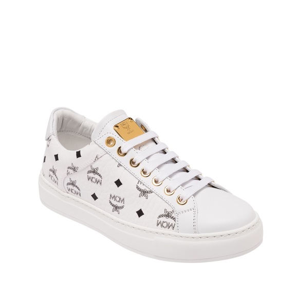 MCM | Shoes | Mcm Terrain Logo Visetos Leather White And Gold Low Top ...